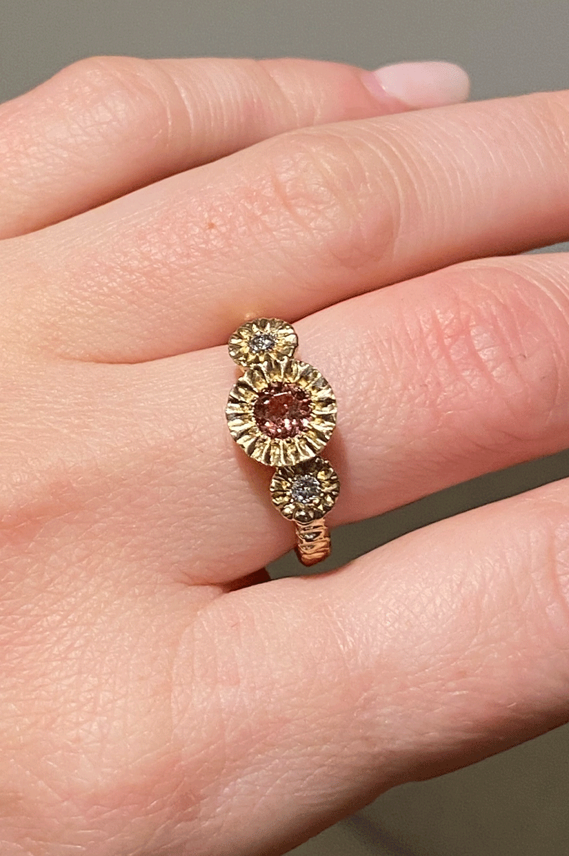 Alexandra Dodds Triple Teeth Gem Ring - 9ct Gold Pink Tourmaline/Lab D