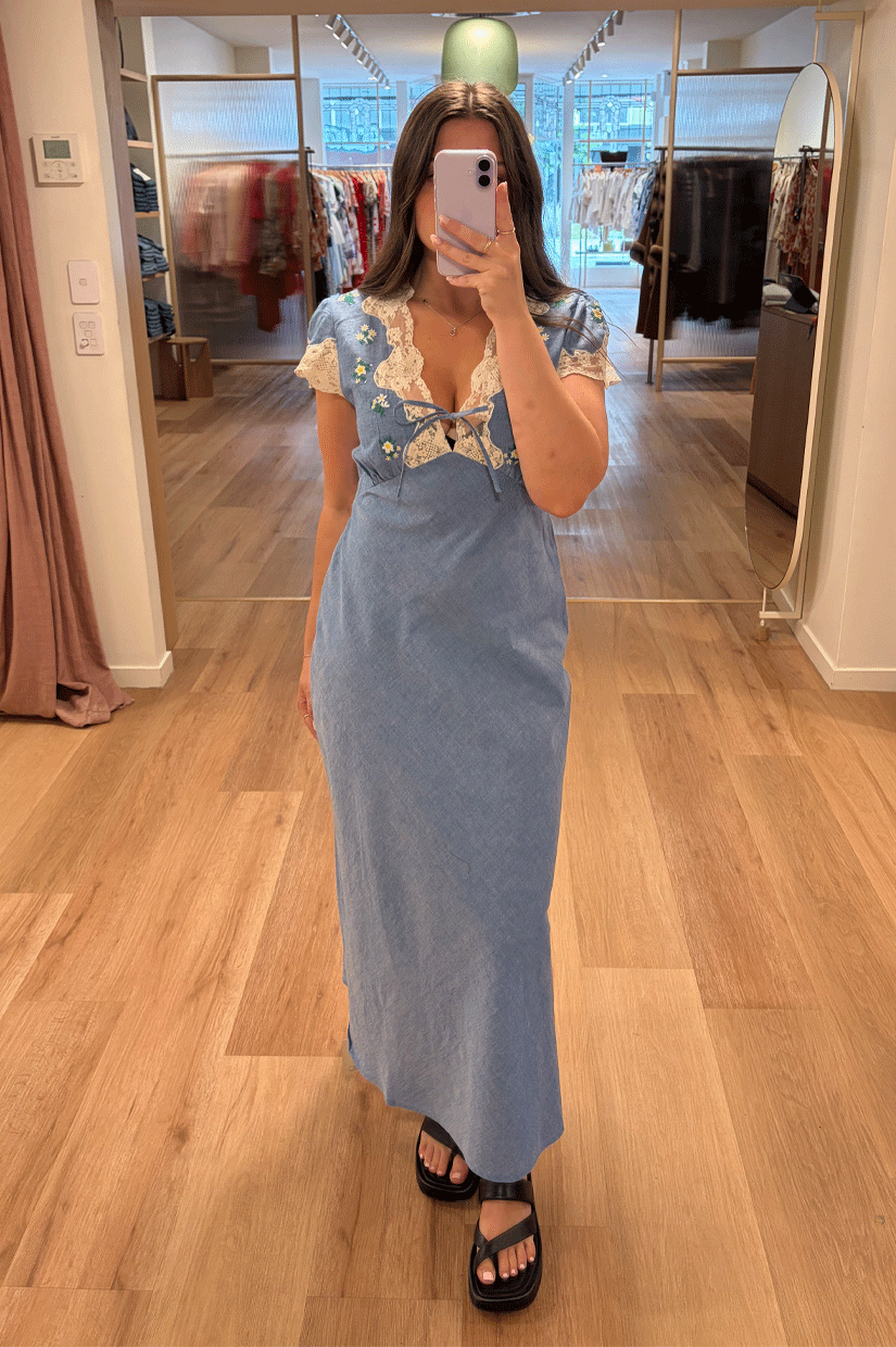 Rixo Amari Dress - Bud Embroidery Blue