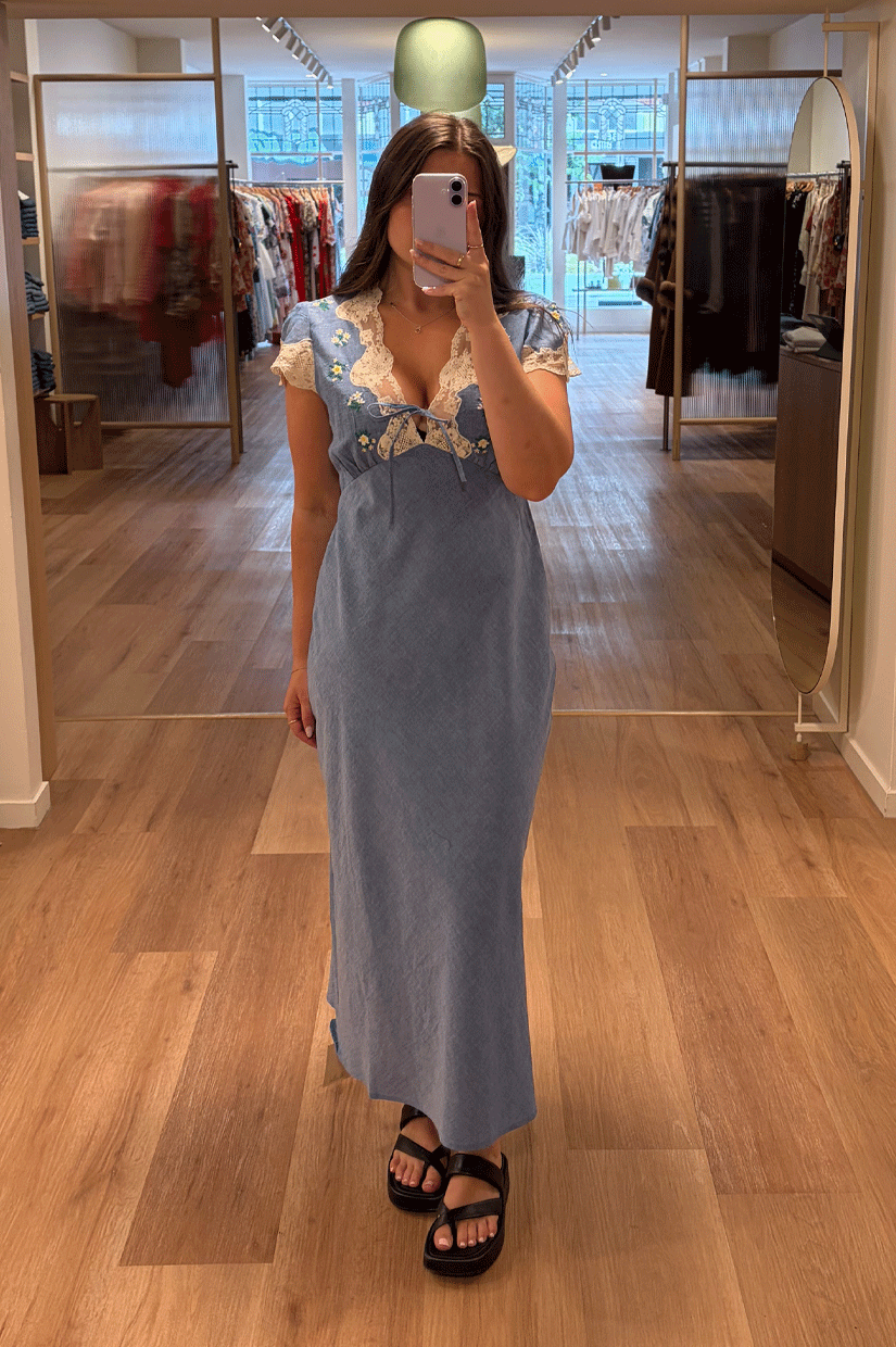 Rixo Amari Dress - Bud Embroidery Blue